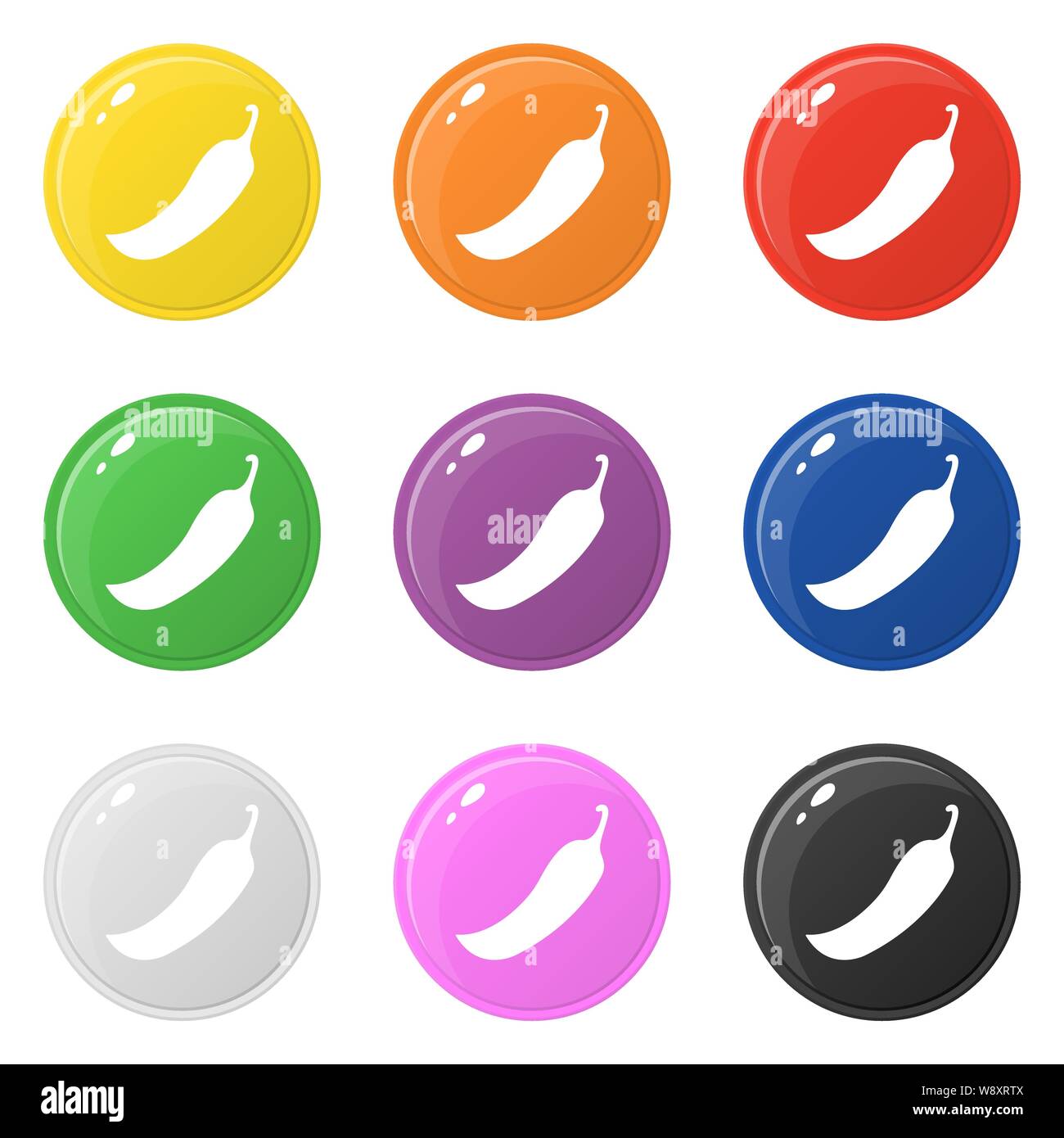Chilli icons set 9 colors isolated on white. Collection of glossy round ...