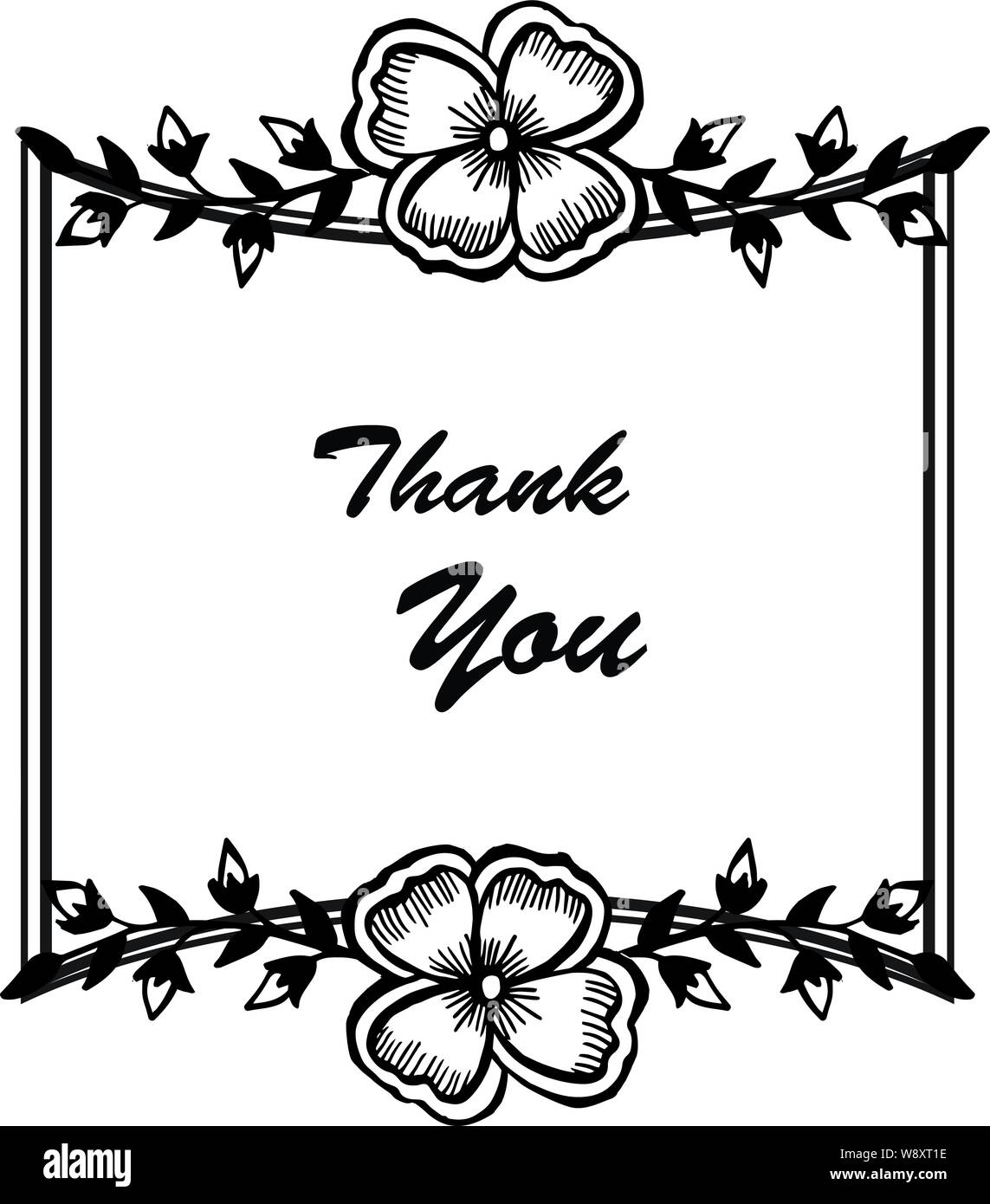 Black text thank you, decoration greeting card, cute wreath frame ...