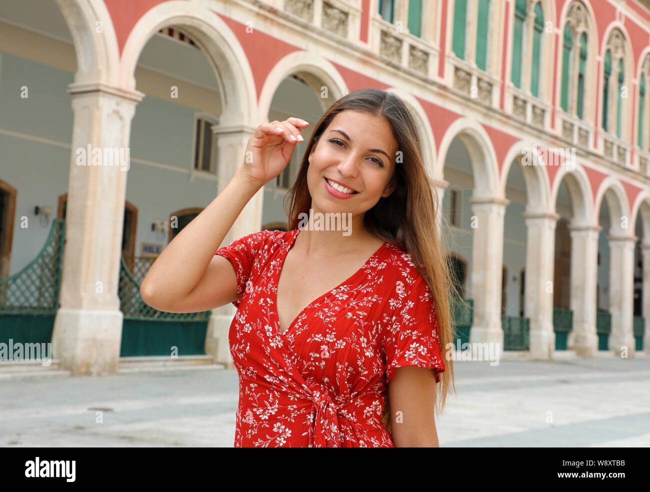 Beautiful young woman in Republic square at Split, Croatia, Europe ...