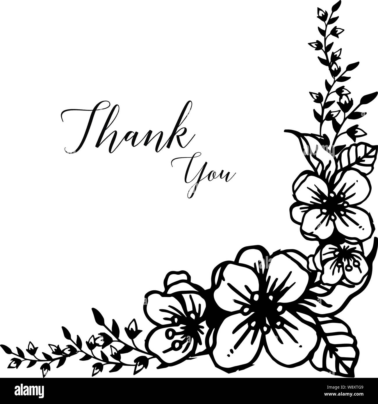 Pattern of wreath frame, black text thank you, for letter, cards ...