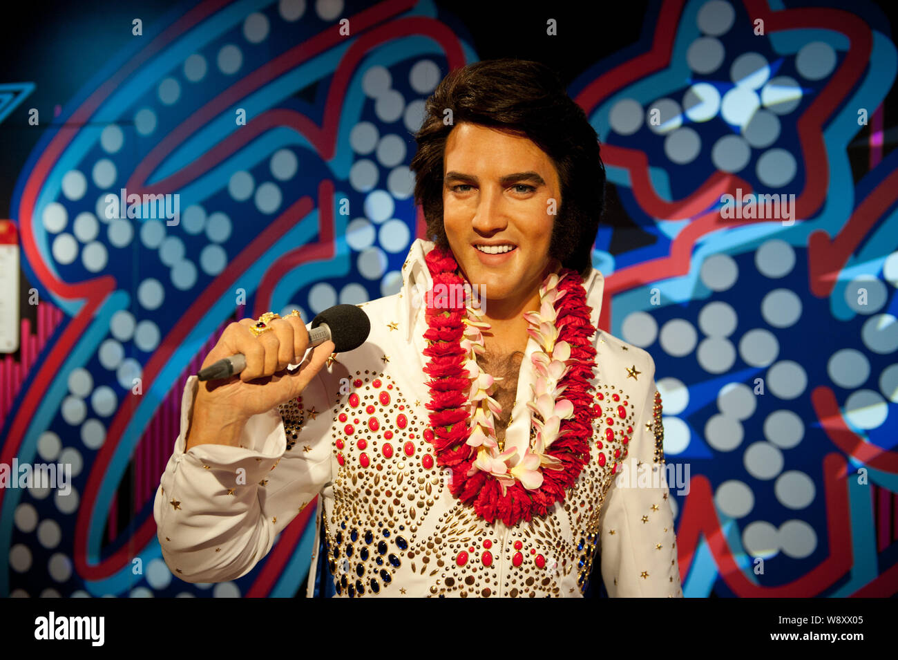 The wax statue of late American singer Elvis Presley is displayed at ...