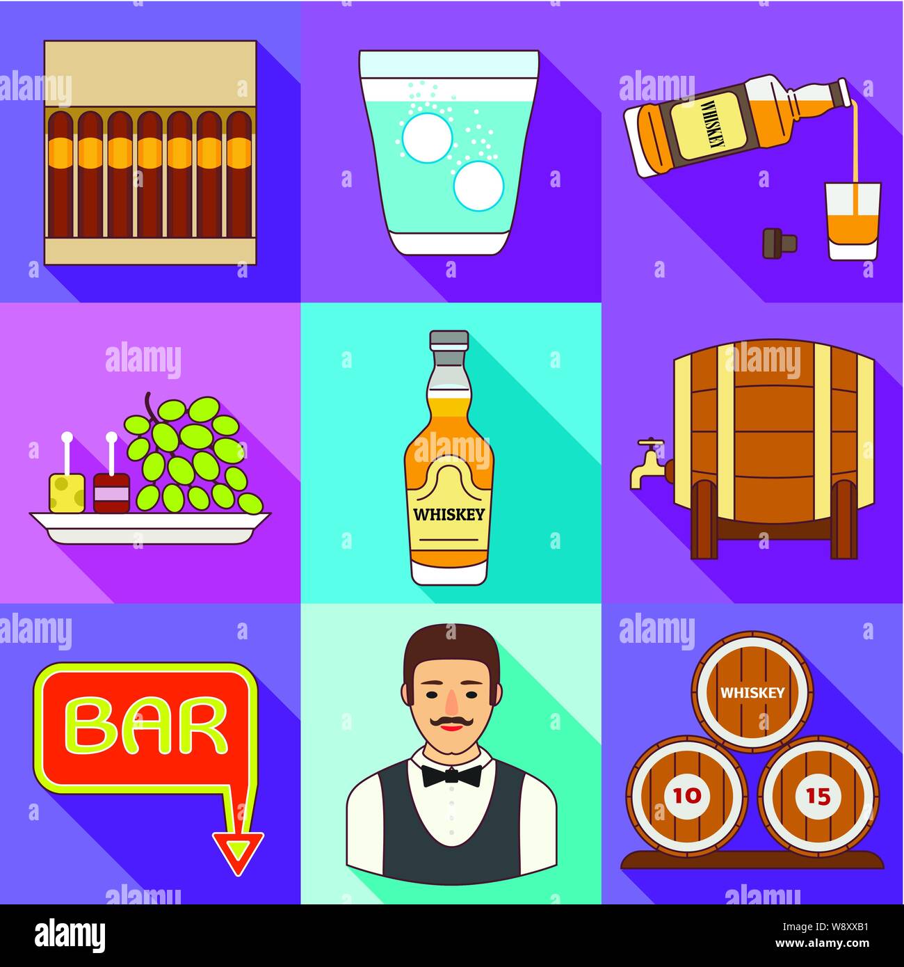 Whiskey bar icon set. Flat set of 9 whiskey bar vector icons for web ...