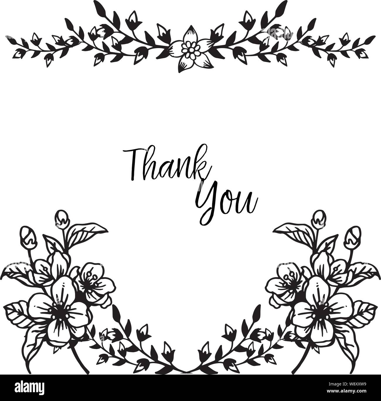 Pattern of wreath frame, black text thank you, for letter, cards ...