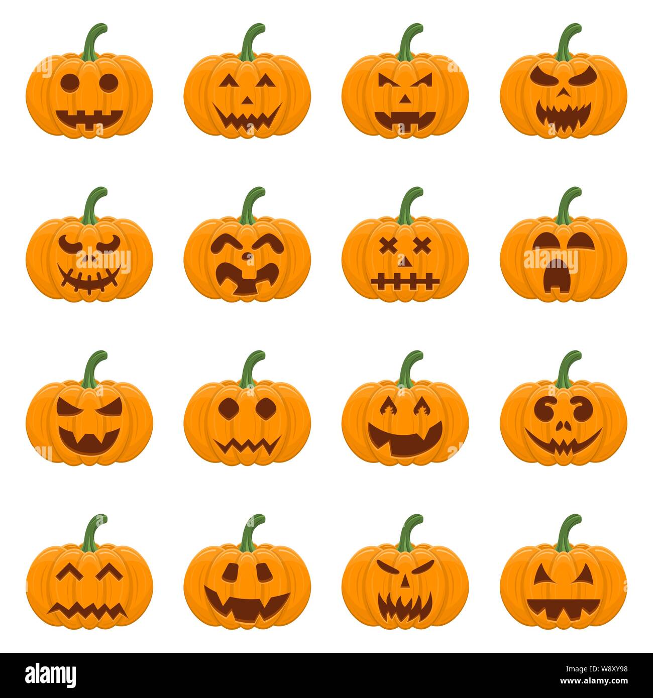 Set of Halloween pumpkins isolated on white background. Cartoon orange ...