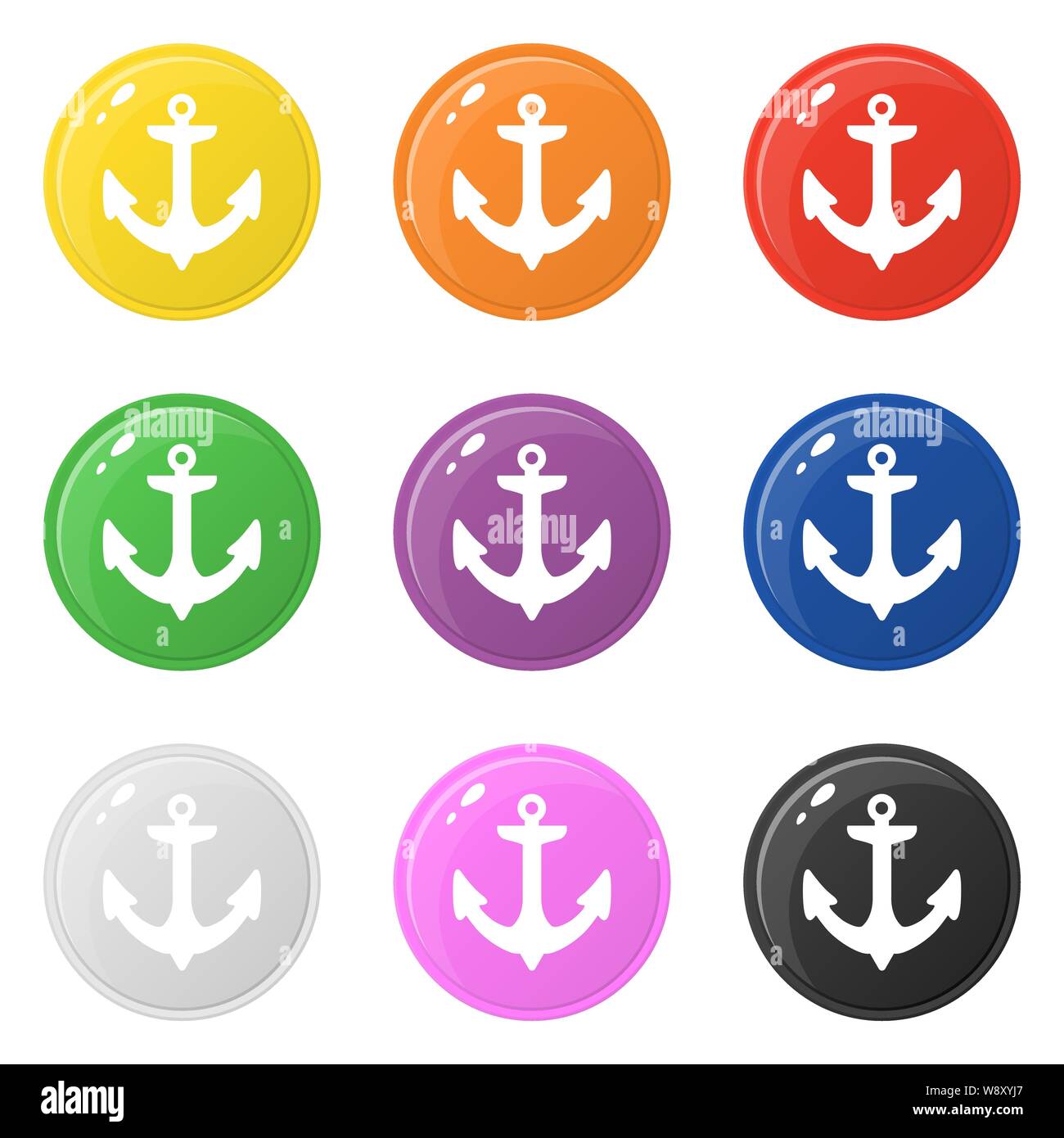 Anchor icons set 9 colors isolated on white. Collection of glossy round colorful buttons. Vector ...