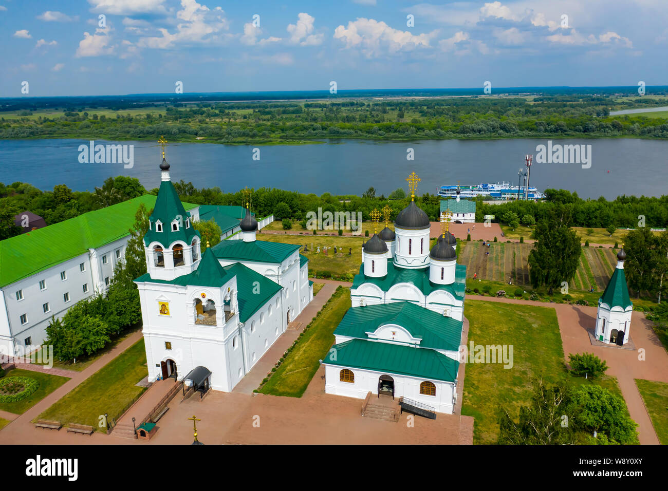 Panoramic aerial view of Transfiguration Monastery and river Oka in ...