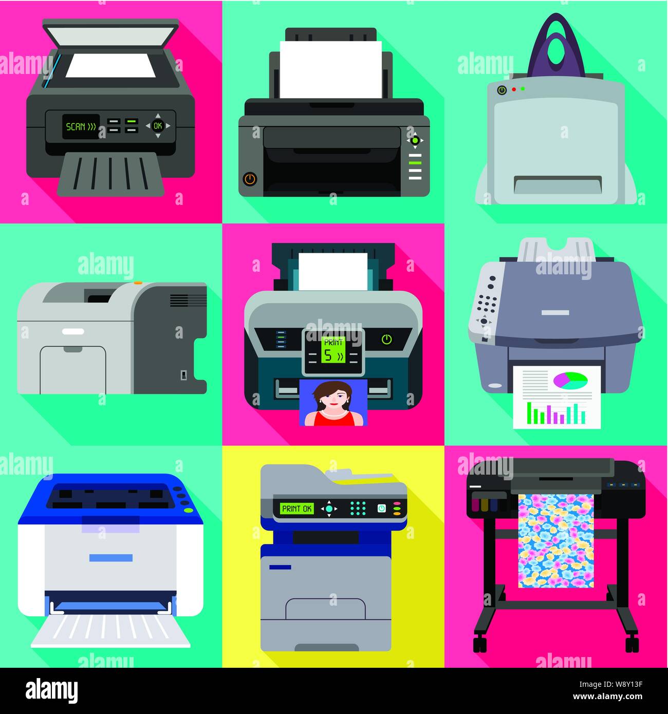 Commercial printer icon set. Flat set of 9 commercial printer vector ...