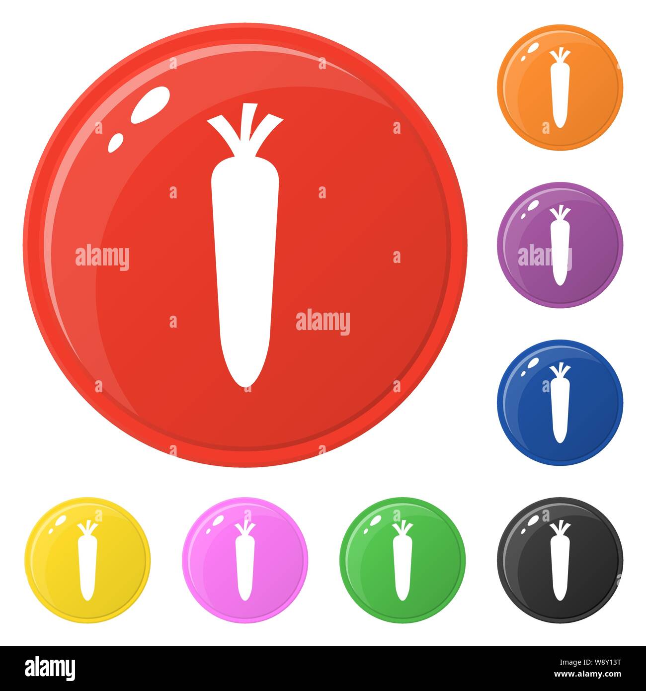 Carrot icons set 8 colors isolated on white. Collection of glossy round ...