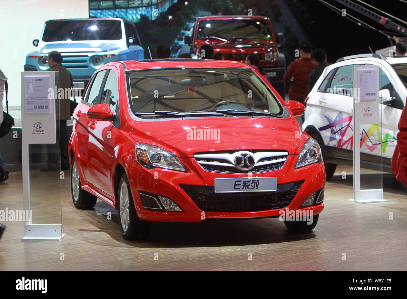 --FILE--A BAIC E-Series car is displayed at the stand of BAIC Motor ...