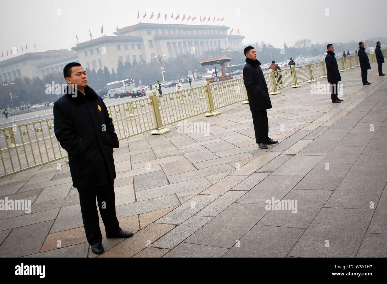 Chinese security guards stand in line at the Tiananmen Square in ...