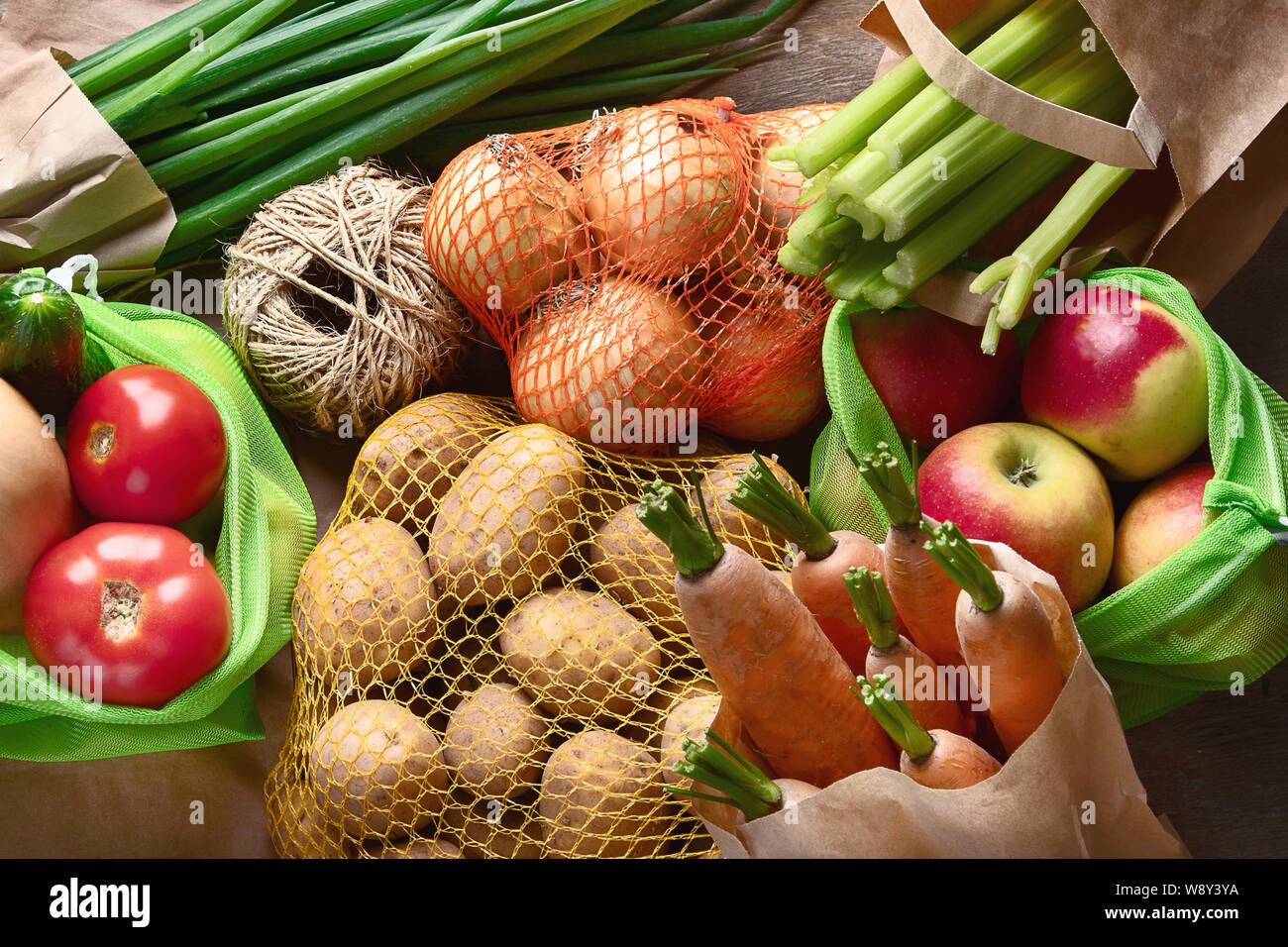 Raw vegetables in eco bags. Zero waste concept. Free plastic shopping ...