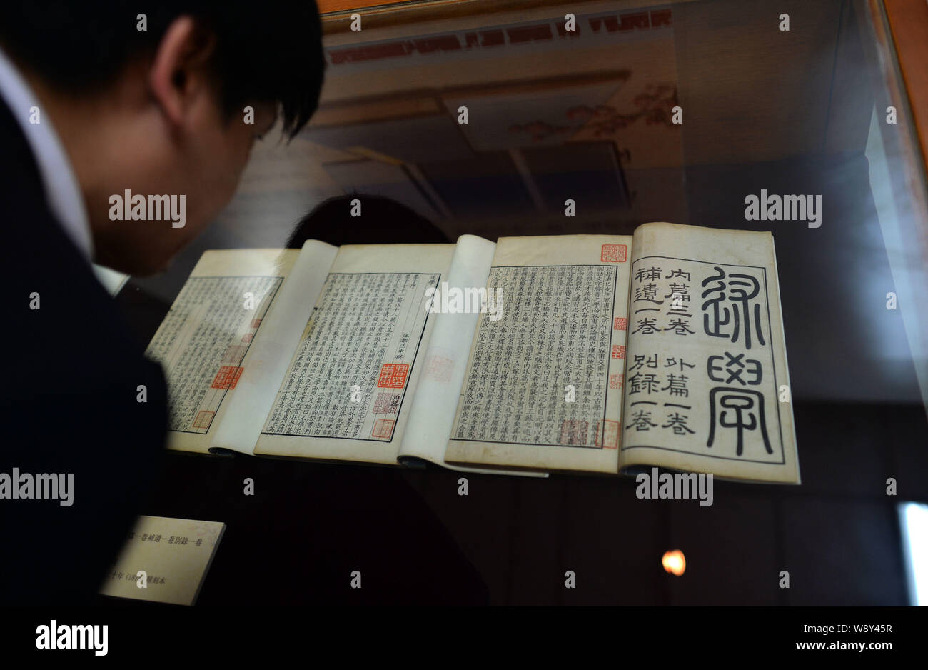 A visitor views ancient Chinese books bought back from Japan during an ...