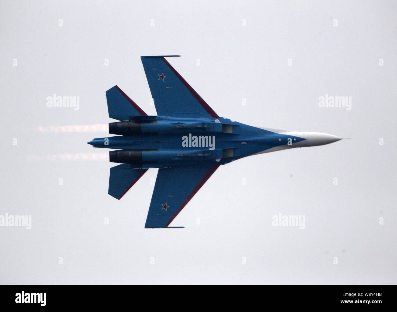 A Sukhoi Su-27 fighter jet of "The Russian Knights" aerobatic team ...