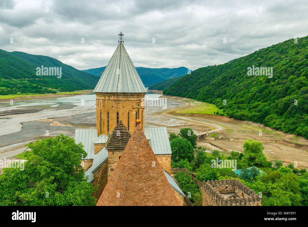 landmark of Georgia the ancient Georgian church Ananuri on a cloudy day ...
