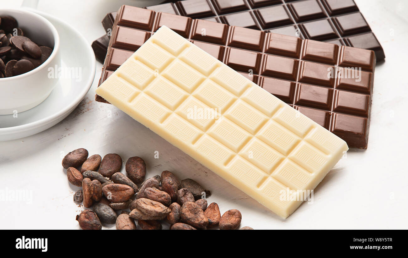 Dark bitter, milk and white chocolate, cocoa butter, cacao powder and ...