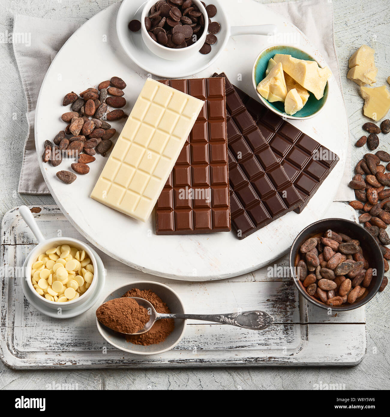 Dark bitter, milk and white chocolate, cocoa butter, cacao powder and ...