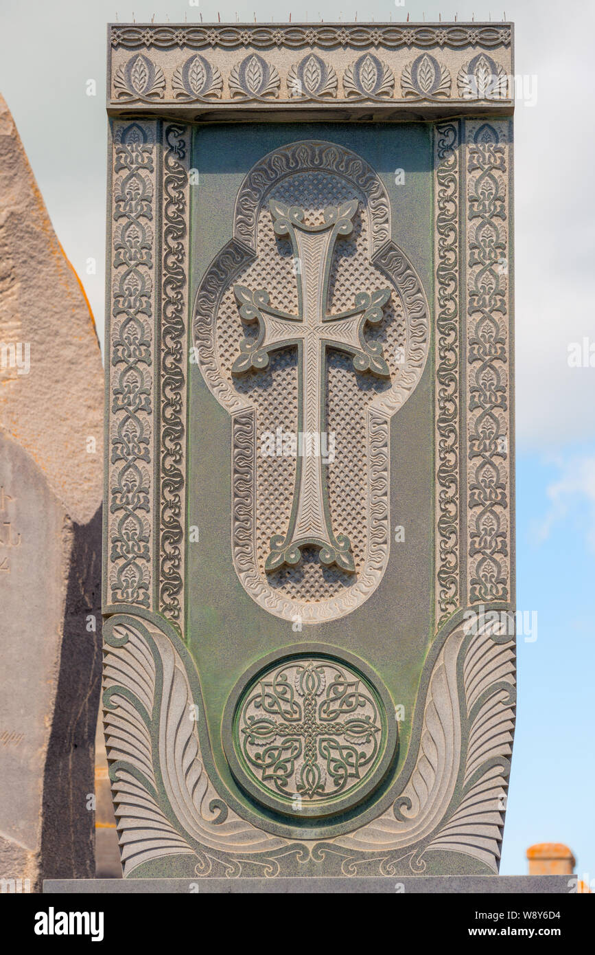 Stone Armenian khachkar with carved pattern close up Stock Photo - Alamy