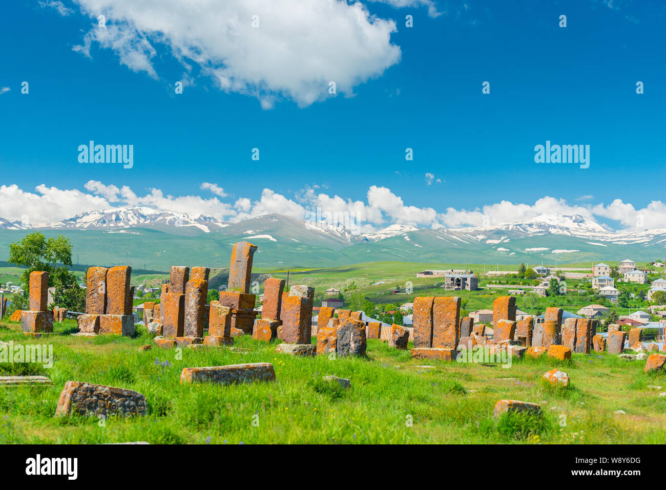 Ancient cemetery Noratus in Armenia with stone gravestones khachkars ...