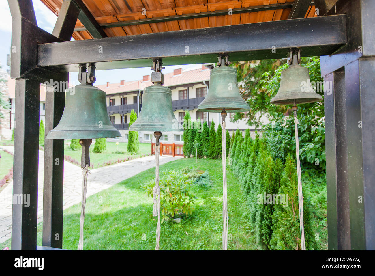 Orthodox bells near Church Of The Holy Trinity at Manasija monastery in ...
