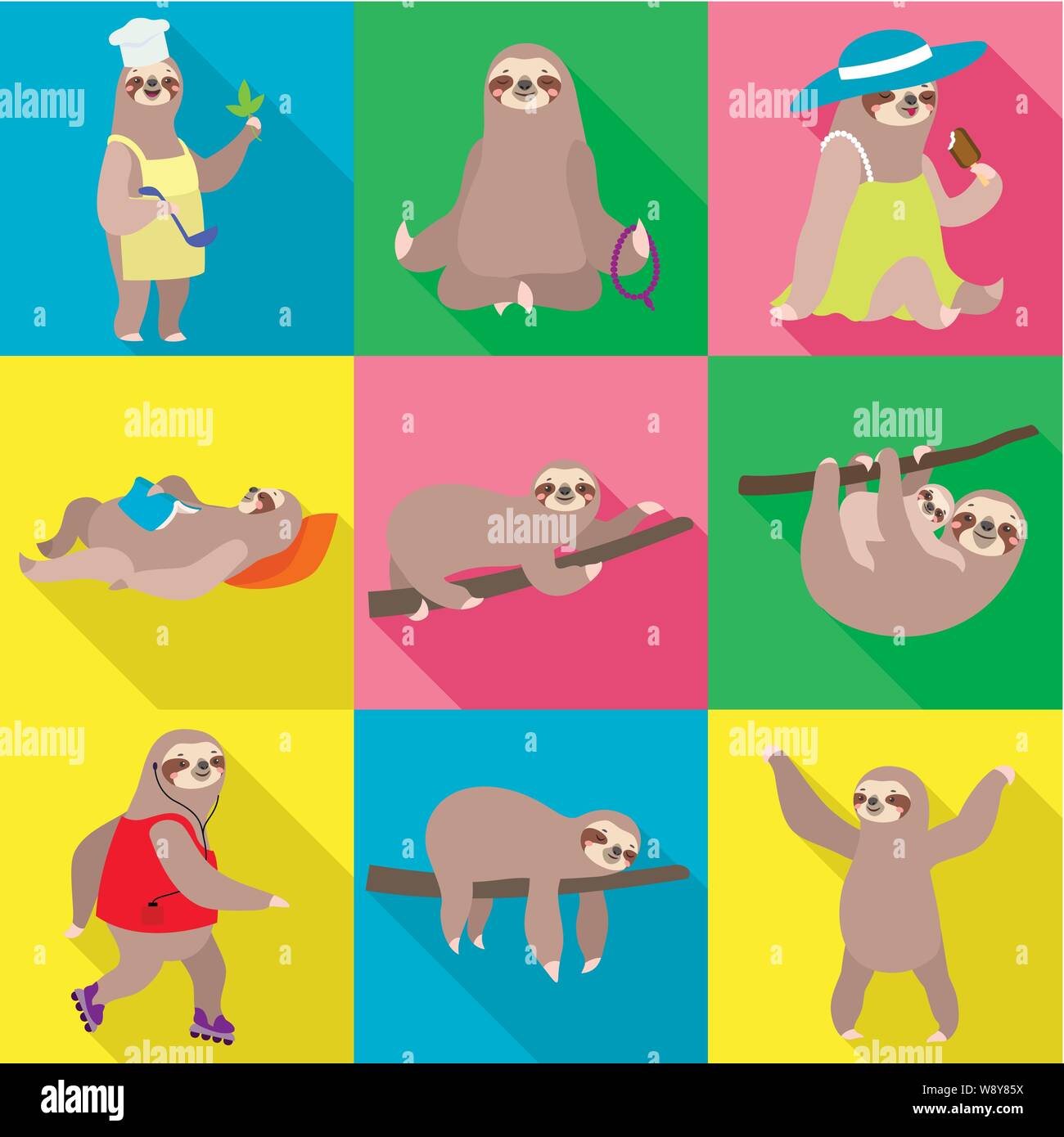 Funny sloth icon set. Flat set of 9 funny sloth vector icons for web ...