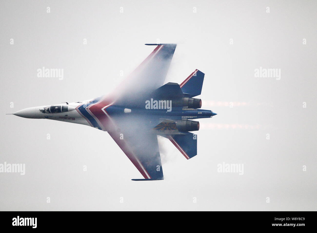 A Sukhoi Su-27 fighter jet of "The Russian Knights" aerobatic team ...