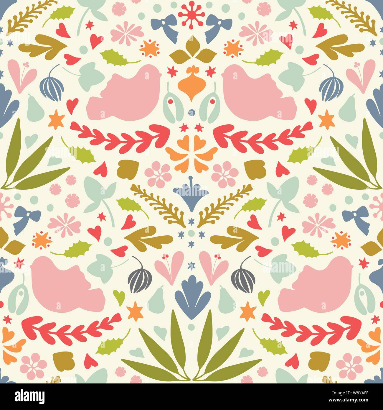 Christmas folk half drop seamless pattern background with birds ...