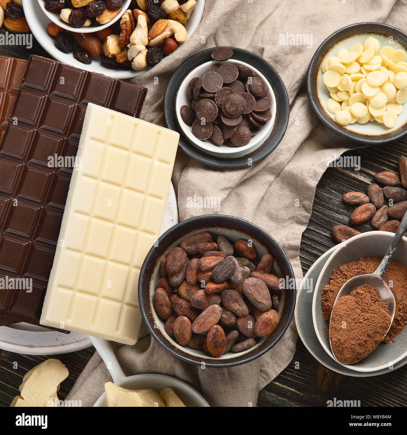 Dark bitter, milk and white chocolate, cocoa butter, cacao powder and ...