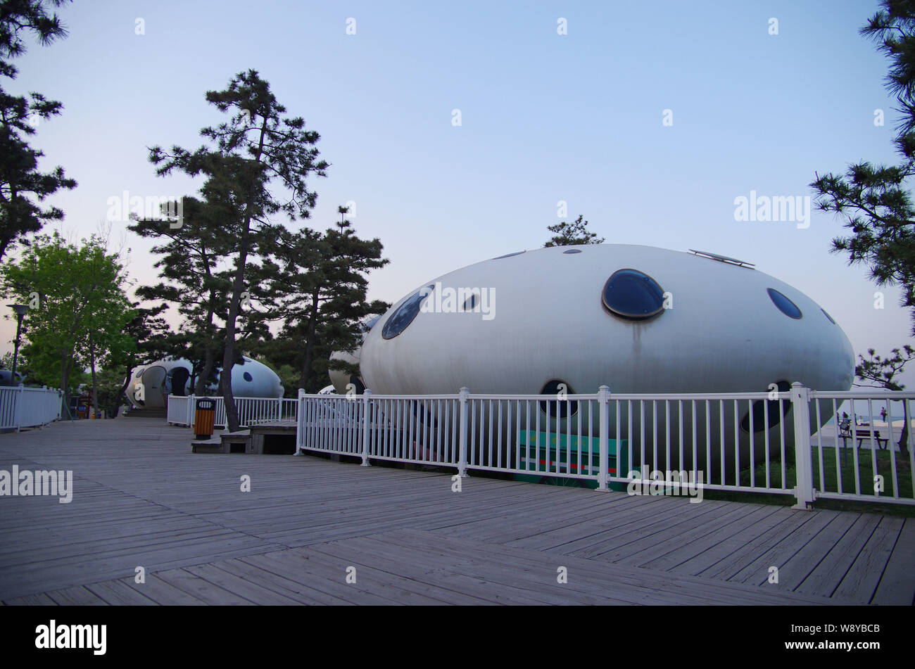 UFO-shaped buildings are pictured at a scenic spot near a beach in ...