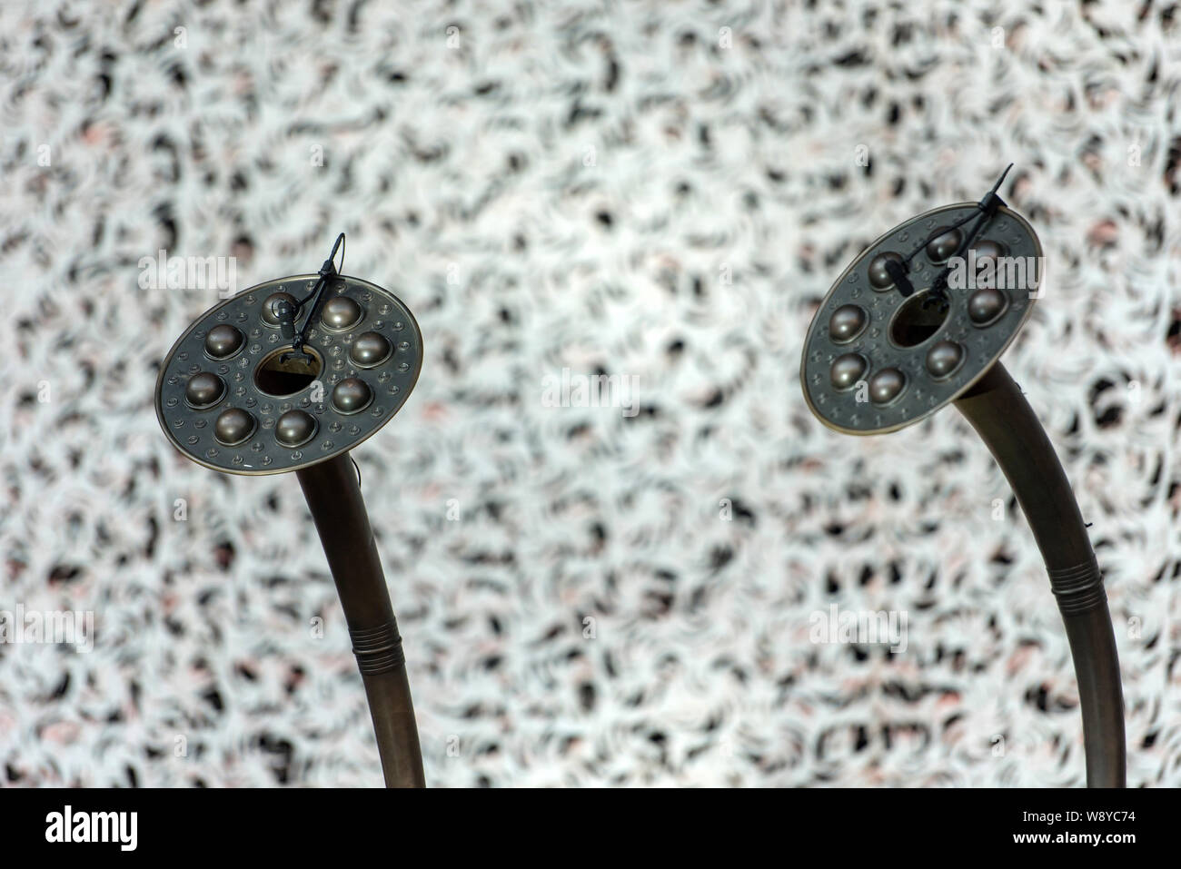 Brass Nordic Viking horn, musical instrument and microphone Stock Photo ...