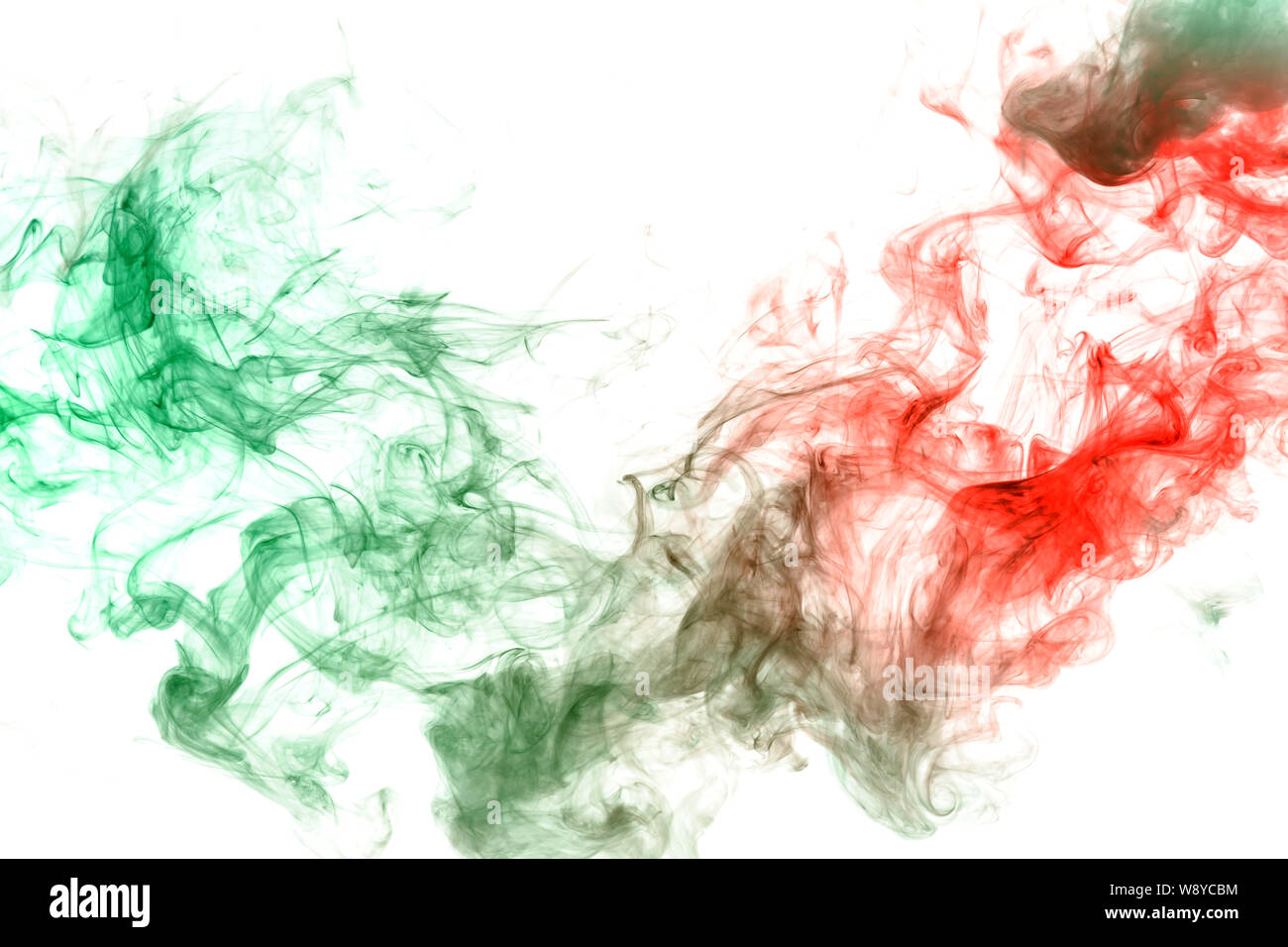 Abstract wavy ink and smoke pattern in green and red on a white ...