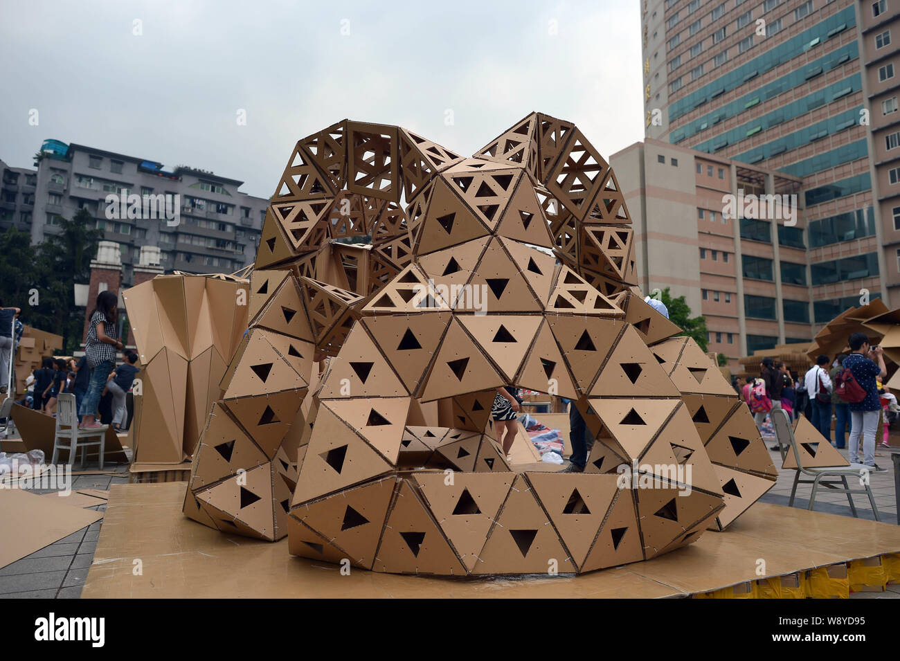 A paper house built by Chinese students is displayed at the campus of ...