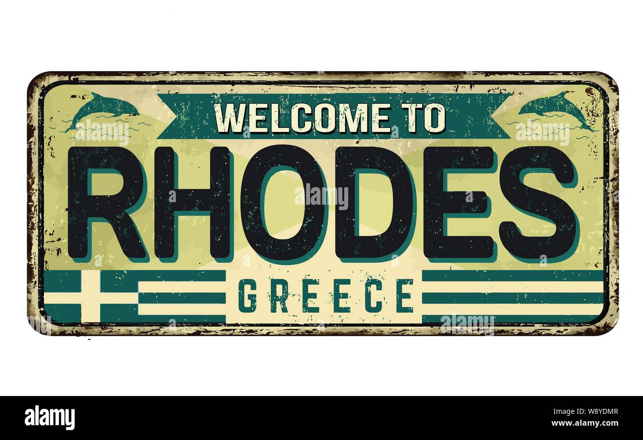 Welcome to Rhodes vintage rusty metal sign on a white background ...