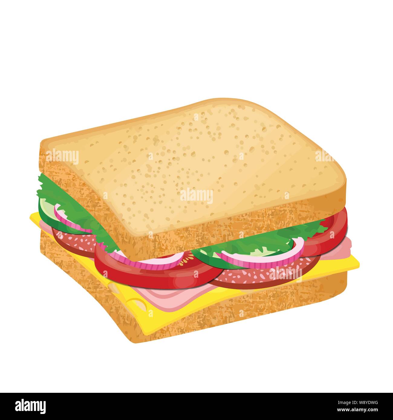 Tasty sandwich with cheese, salami and vegetables on white background ...