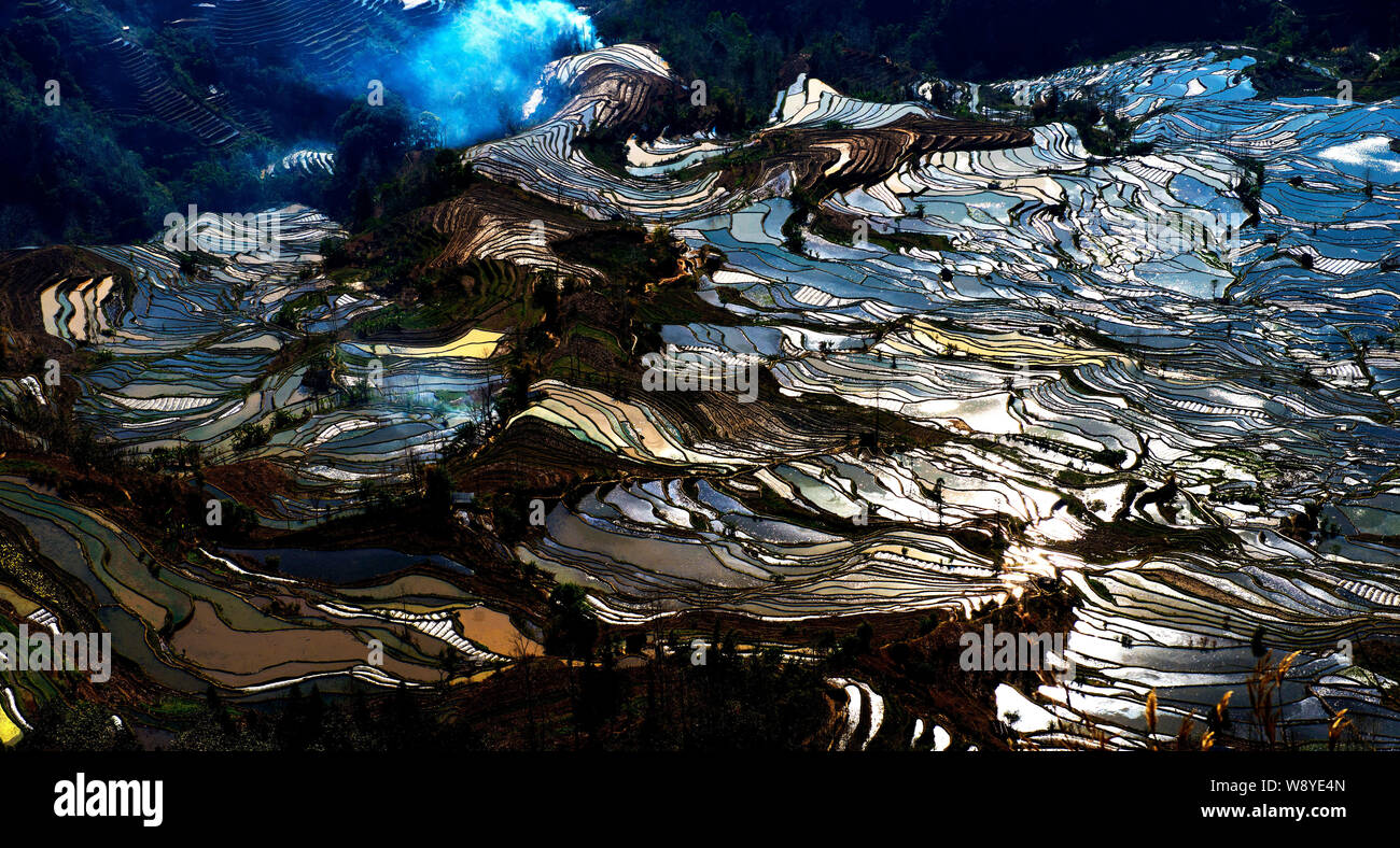 Landscape of terraced rice fields of the Honghe Hani Rice Terraces, one ...