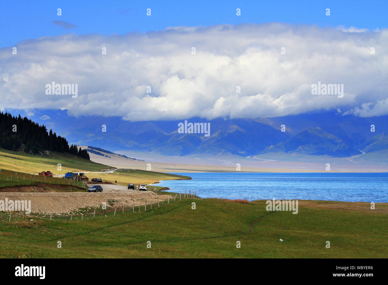 Landscape of the Sayram Lake and the mountain range of Tianshan ...