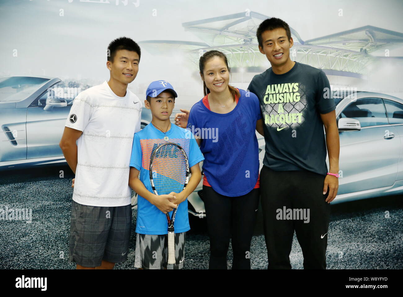 Retired Chinese tennis star Li Na, second right, poses with players Wu ...