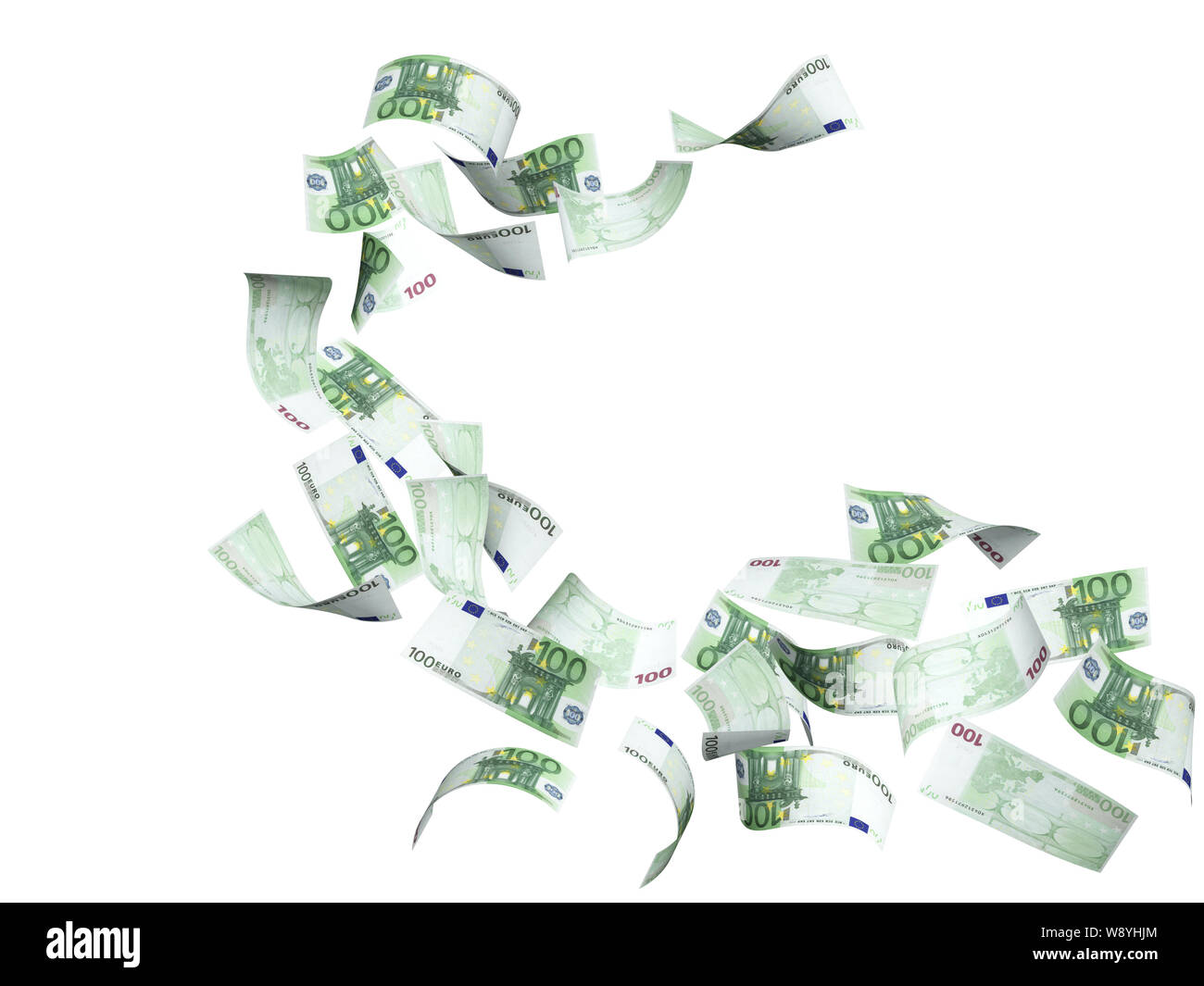 Flying banknotes of hundred euro. Isolated on white background. 3d ...