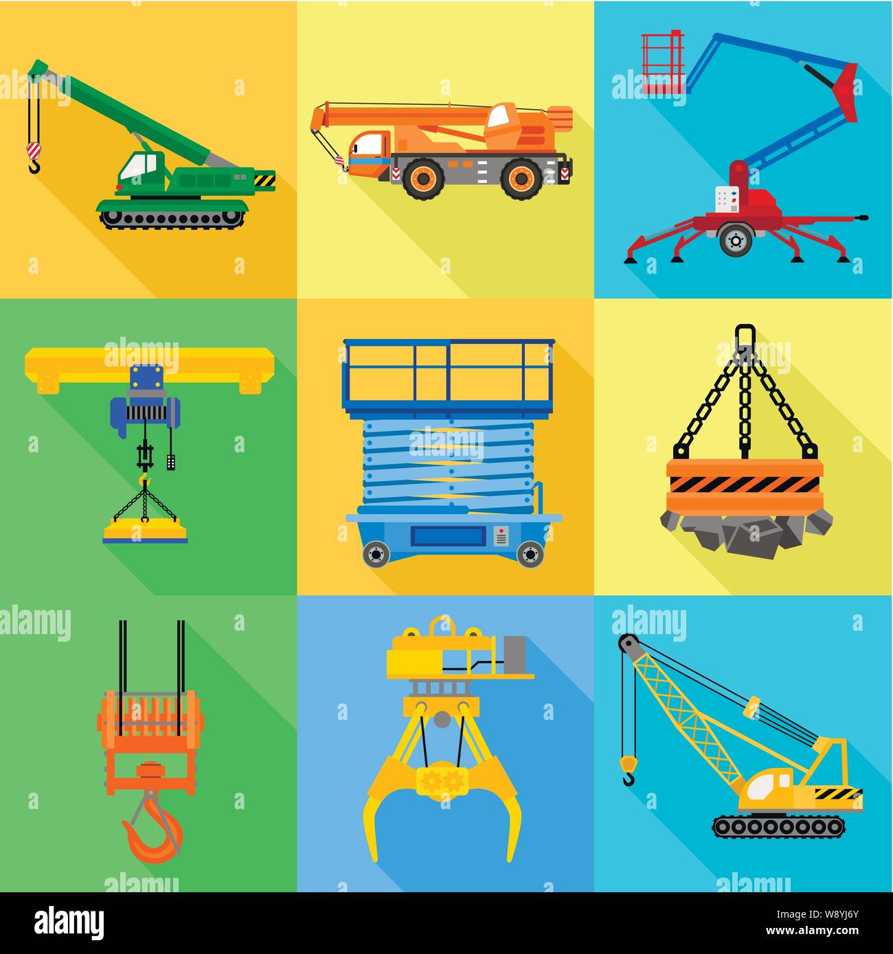 Industrial lift machine icon set. Flat set of 9 industrial lift machine ...