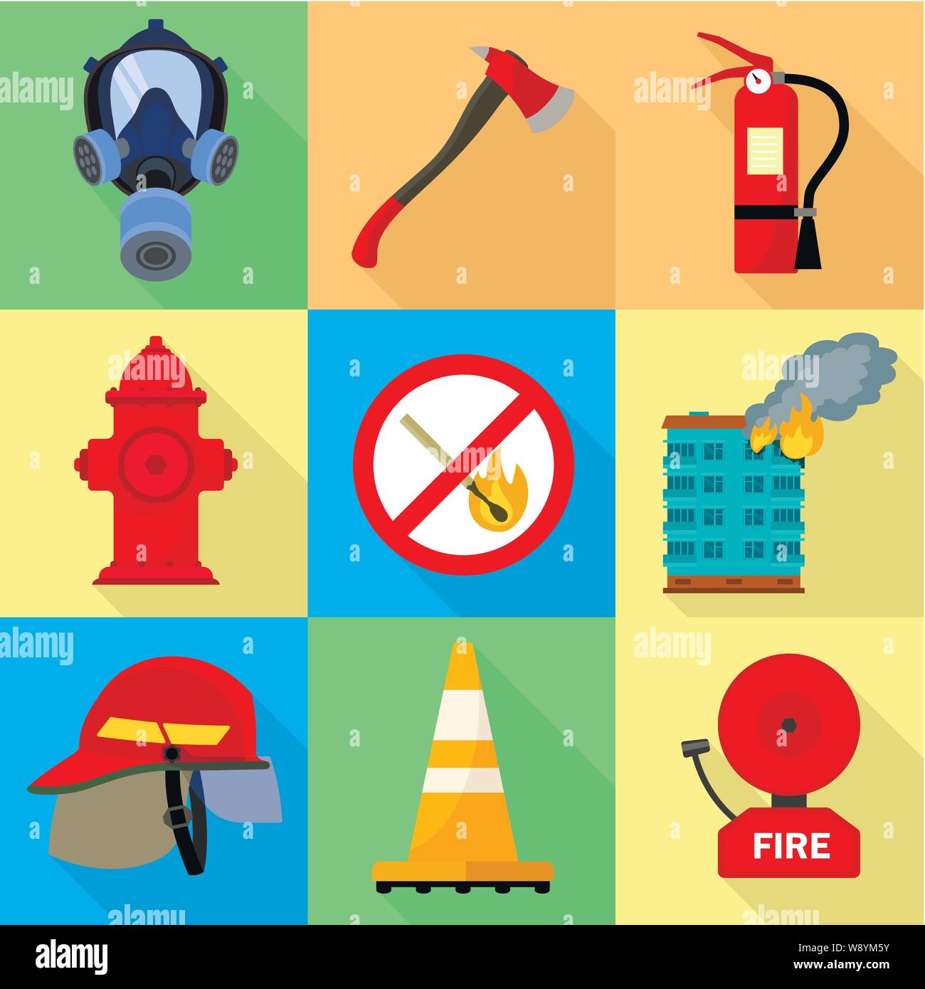 City firefighter icon set. Flat set of 9 city firefighter vector icons ...