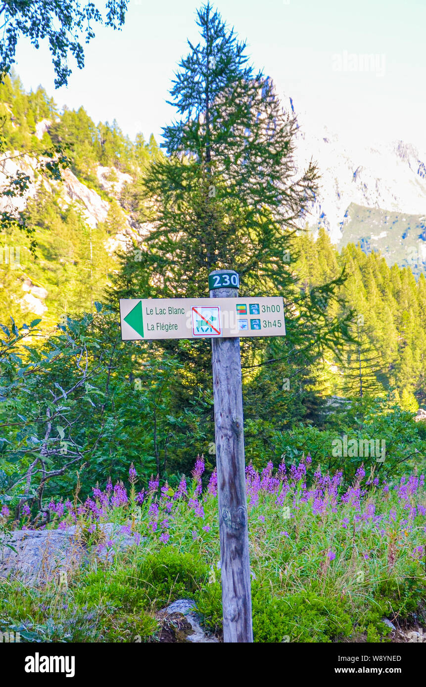 Information sign in Alps near Chamonix, France. Translation: Lac Blanc ...