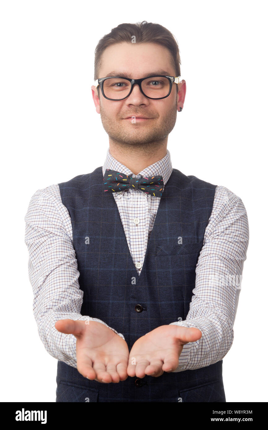 young businessman reaches out his hands isolated on white background ...