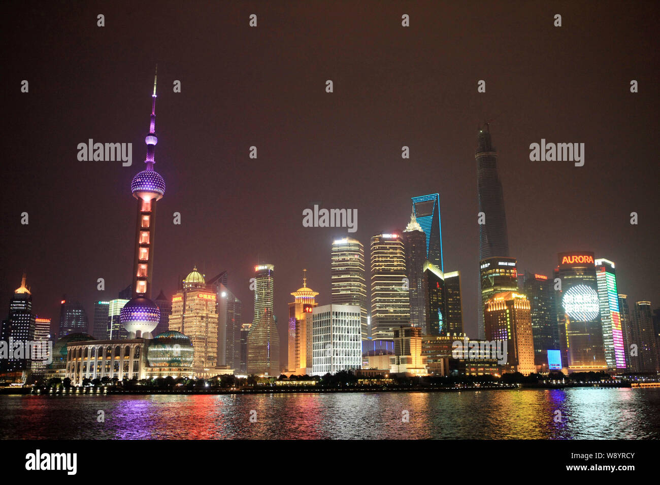 Night view of Huangpu River and the Lujiazui Financial District with ...