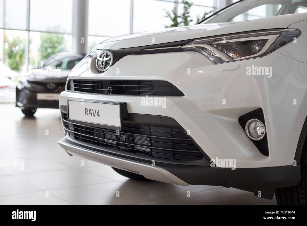 Russia, Izhevsk - July 18, 2019: New cars in the Toyota showroom ...