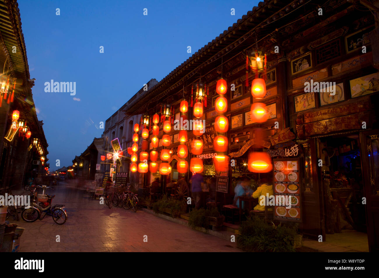 Night view of a street in Ancient City of Ping Yao in Pingyao county ...