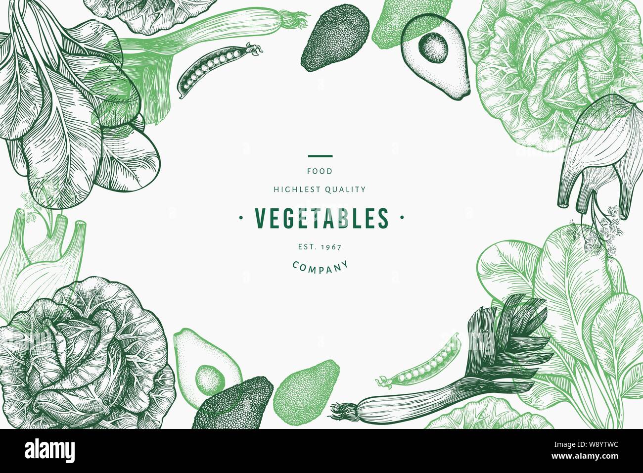 Green vegetables design template. Hand drawn vector food illustration ...