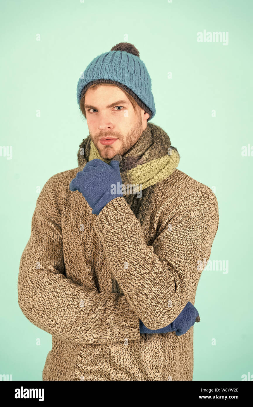 I hate cold. Man wear winter clothes. Man ready to celebrate winter ...