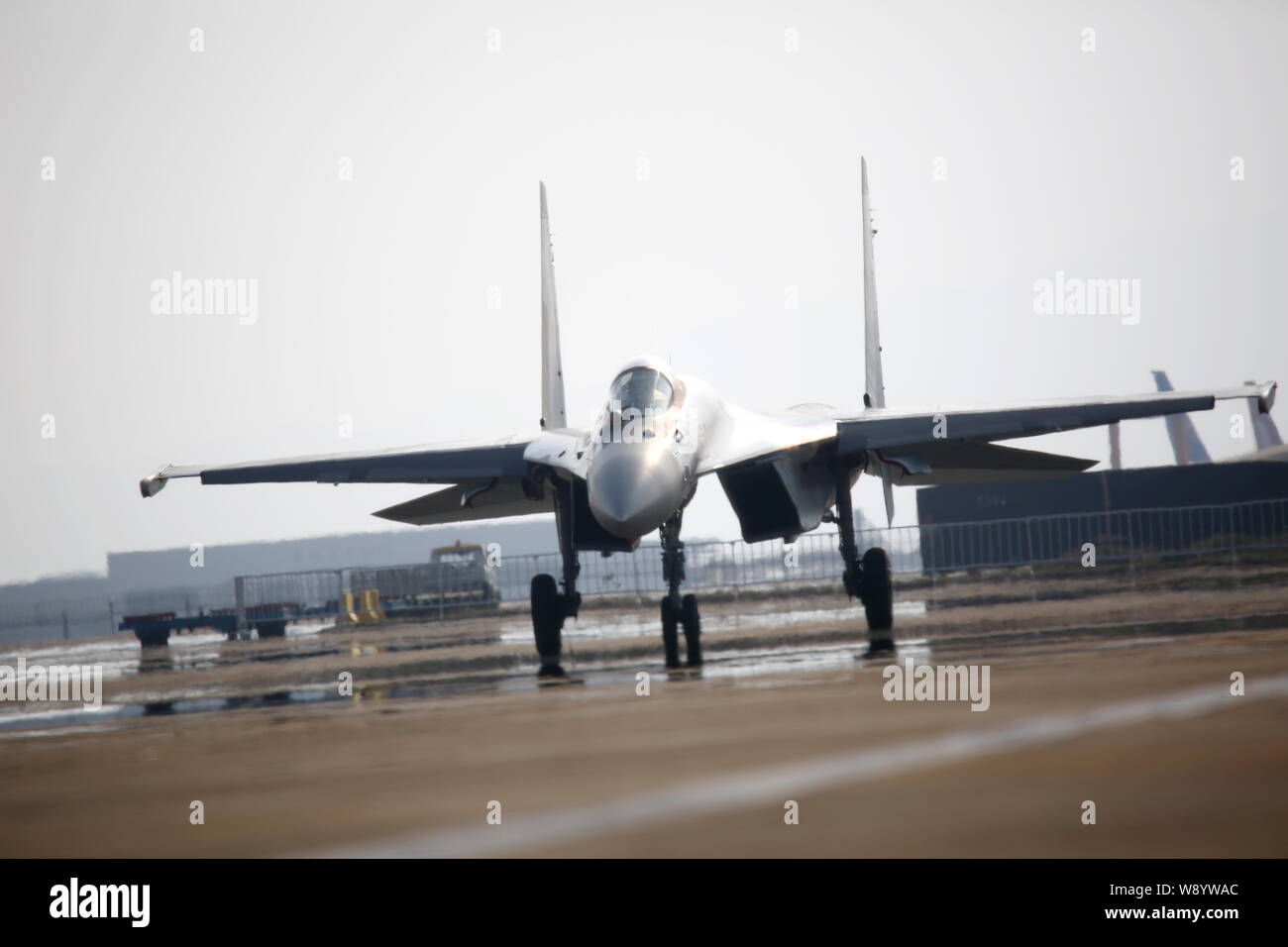 A Russian Sukhoi Su-35 fighter jet taxis to take off for a ...