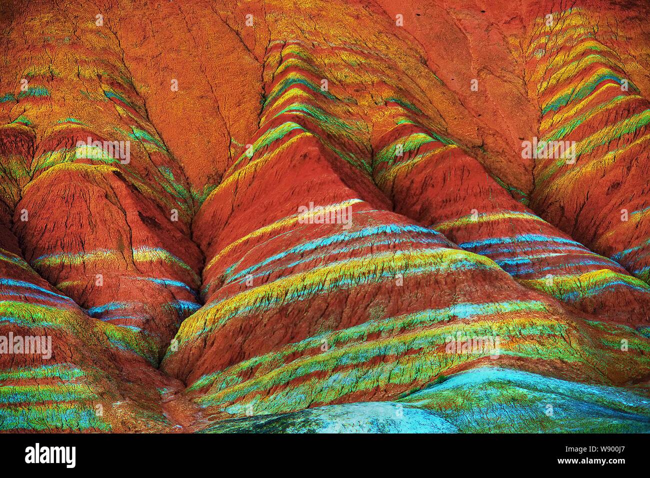 View of colourful rock formations at the Zhangye Danxia Landform ...