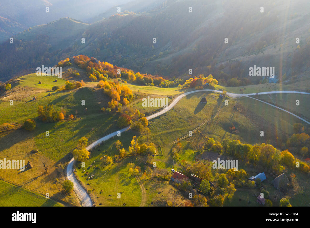 Autumn countryside aerial drone image in Transylvania, Romania Stock ...