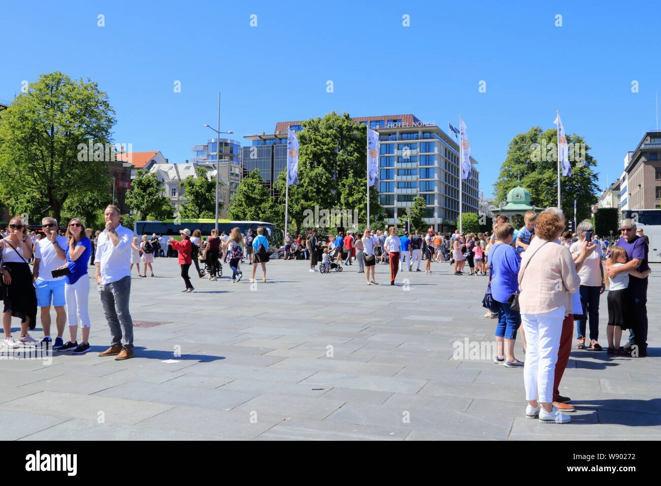 People crowd the public square, Festplassen, in Bergen, Norway, during ...